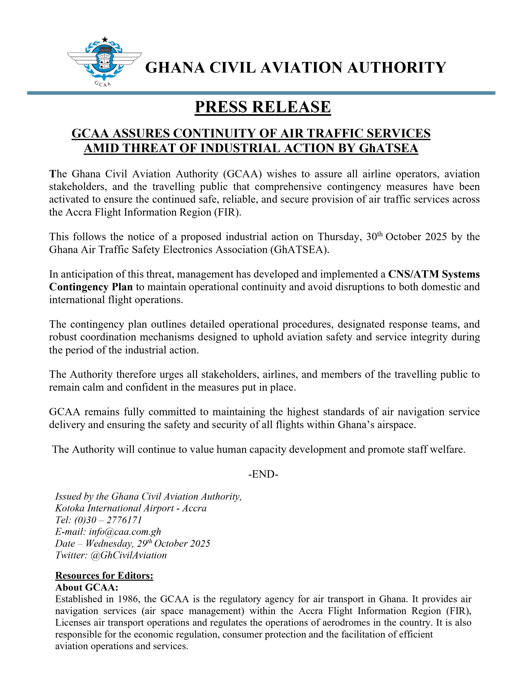 GCAA PRESS RELEASE – 29-10-2025 – GHANA CIVIL AVIATION AUTHORITY